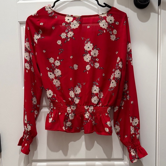H&M | Tops | Hm Red Floral Blouse With Laceup Front | Poshmark